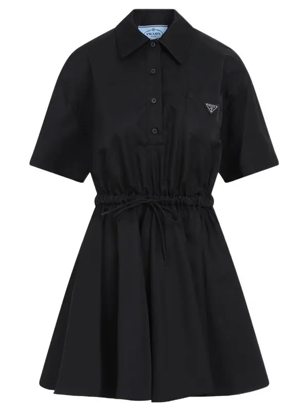 Prada Logo Plaque Drawstring Mini Dress - Black