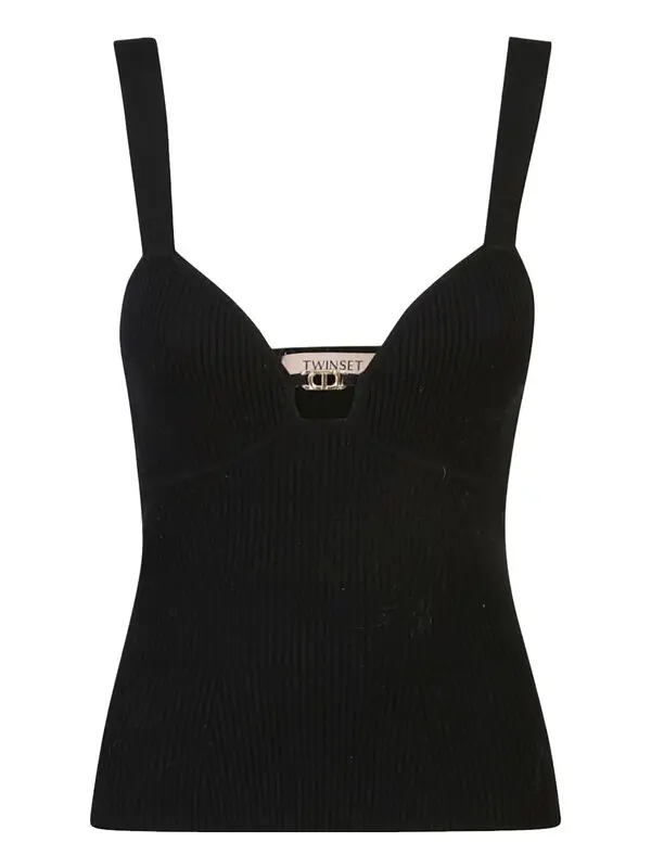 TWINSET Ribbed Knit V-neck Top With Logo Detail - Black