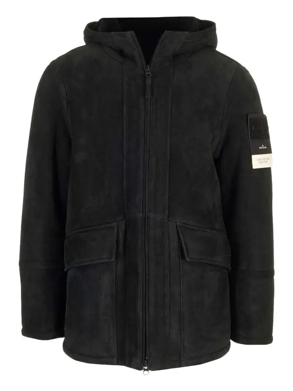Stone Island Hooded Zip-up Jacket With Patches - Black