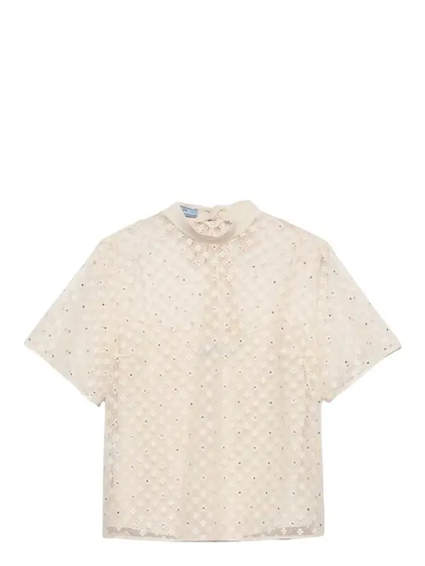 Prada Embroidered Lace Top With Tie Neck - Natural