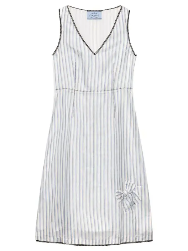 Prada Striped V-neck Midi Dress With Appliqué Bow - Sapphire