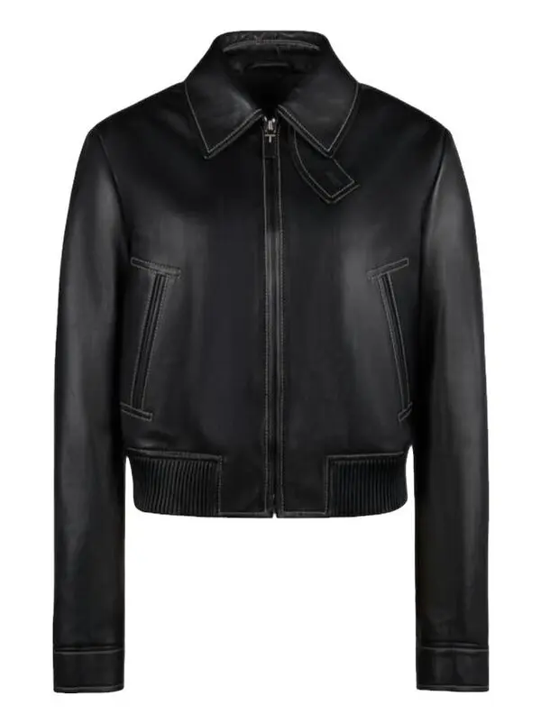 TOD'S Cropped Leather Bomber Jacket With Detachable Collar - Black