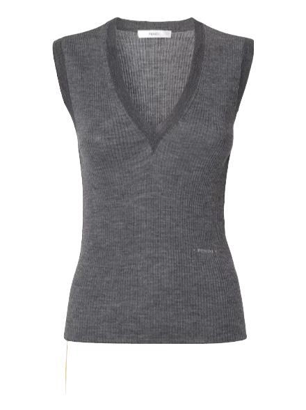Fendi Gray Melange Wool Ribbed Sleeveless V-neck Top - Grey