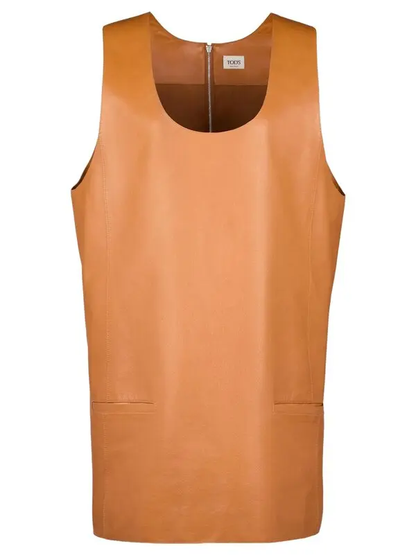 TOD'S Sleeveless Scoop Neck Leather Dress - Brown