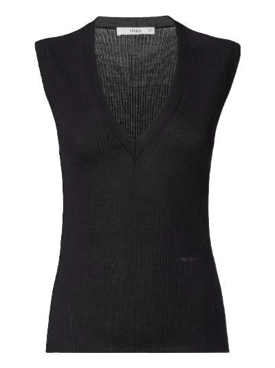 Fendi Wool Ribbed Sleeveless V-neck Top - Black