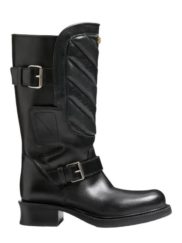 Valentino Garavani Calfskin And Nappa Leather Biker Boots With Chevron Pattern - Black