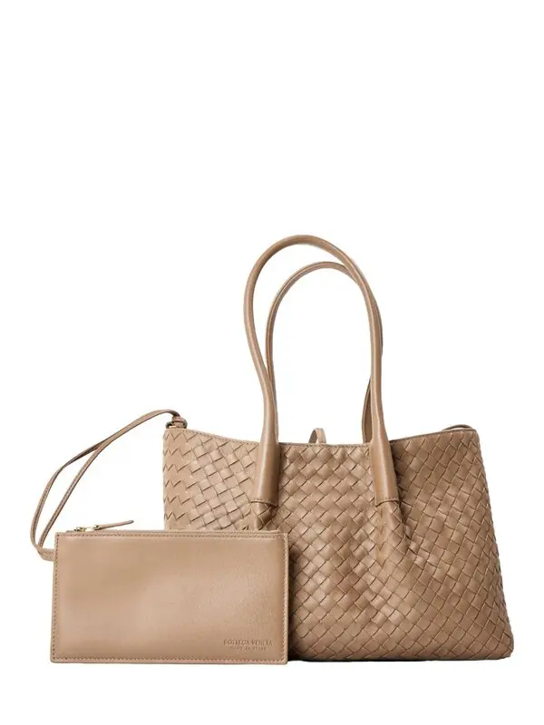 Bottega Veneta Woven Leather Tote Bag With Pouch - Nude