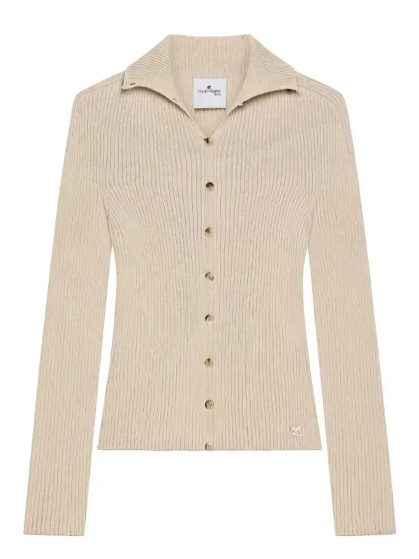 COURREGES Ribbed Knit Collared Cardigan - Beige
