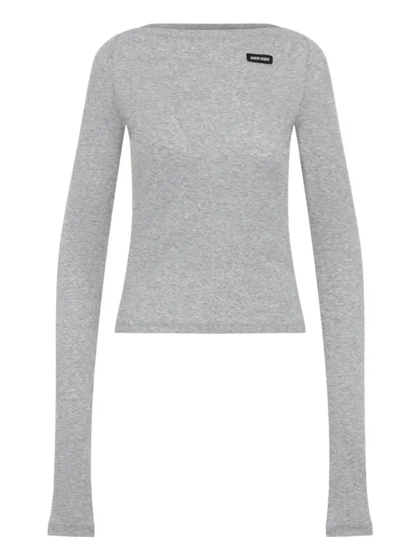 Miu Miu Long Sleeve Top With Logo Patch - Grey