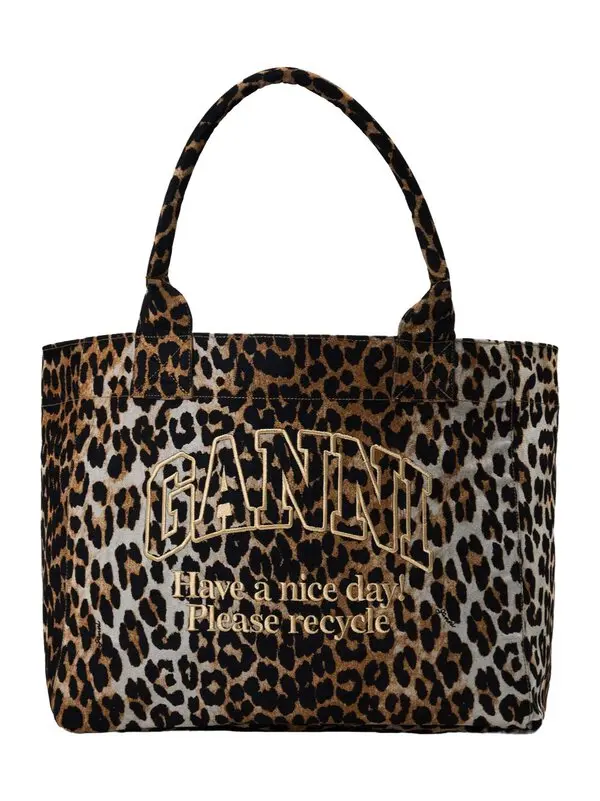 GANNI Leopard Print And Denim Tote Bag - Black
