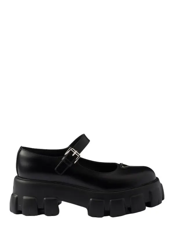 Prada Triangle Logo Mary Jane Flat Shoes - Black