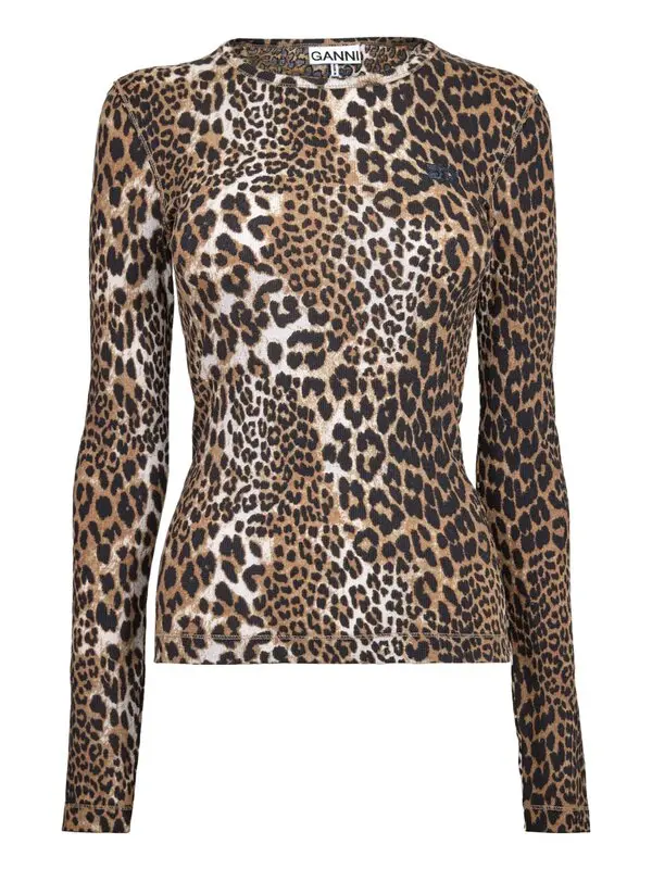GANNI Leopard Print Long Sleeve Top - Brown