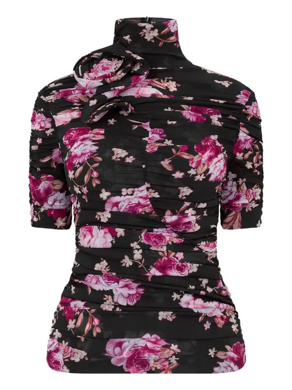 Magda Butrym Floral Print Ruched Short Sleeve Blouse - Black
