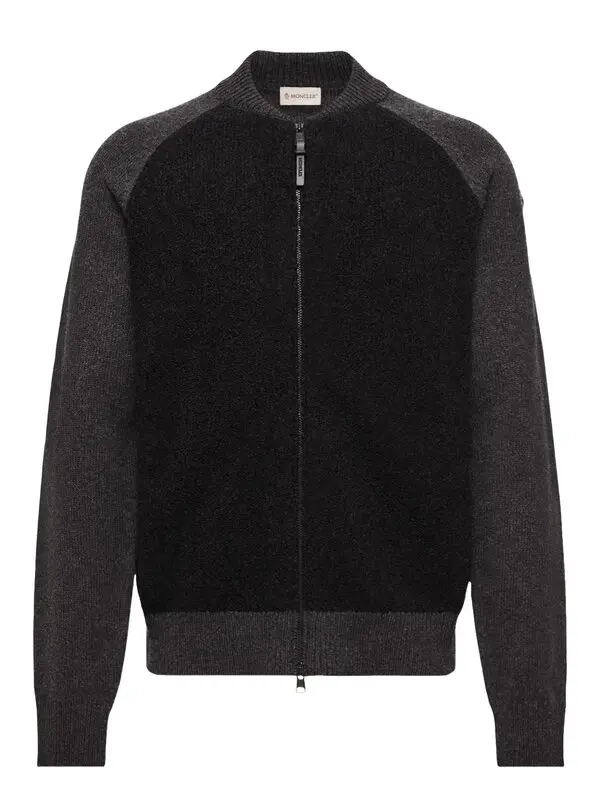 Moncler Bouclé Wool Cashmere Blend Zip Cardigan - Dark Gray