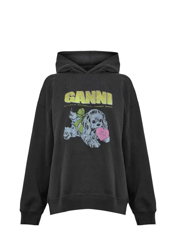 GANNI Oversized Cropped Graphic Hoodie - Black