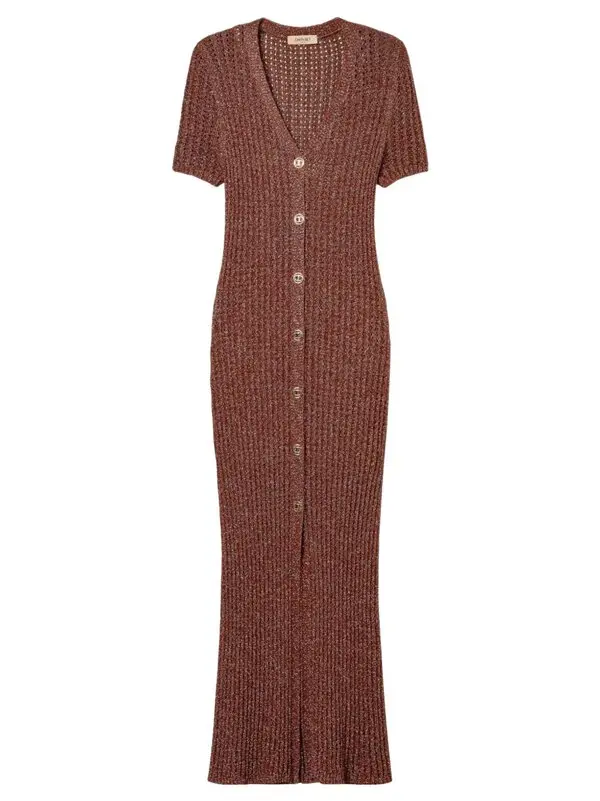 TWINSET Metallic Lurex-viscose Blend Knit Maxi Dress With V-neck And Button Front - Brown