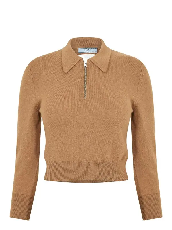 Prada Ribbed-knit Cropped Sweater With Pointed Collar And Zip Closure - Brown