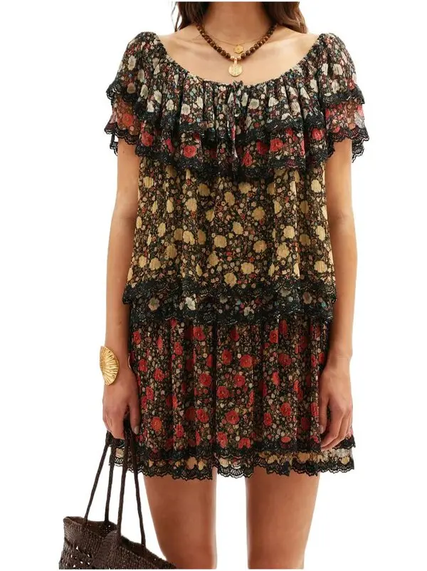 Rixo Floral Motif Ruffled Dress - Black