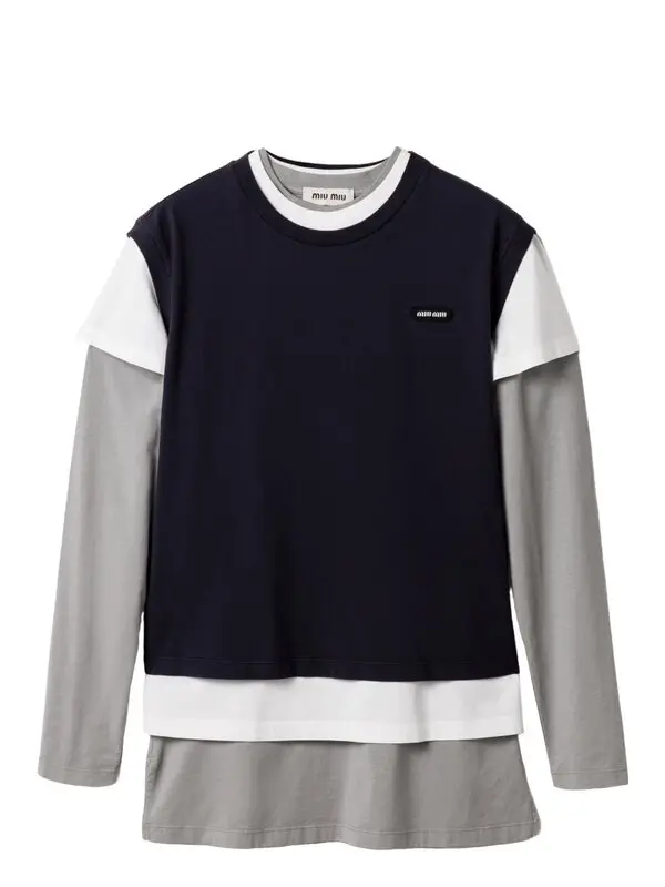 Miu Miu Set Of 3 Jersey T-shirts With Logo Trim And Crocheted Hem - Black