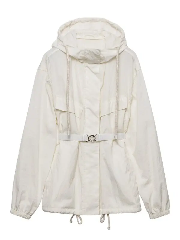 Prada Technical Pongé Blouson Jacket With Drawstring Hood And Logo - Ivory