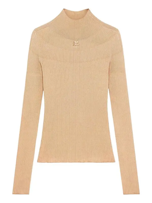 COURREGES Courrèges Ribbed High Neck Jumper With Embroidered Logo - Beige