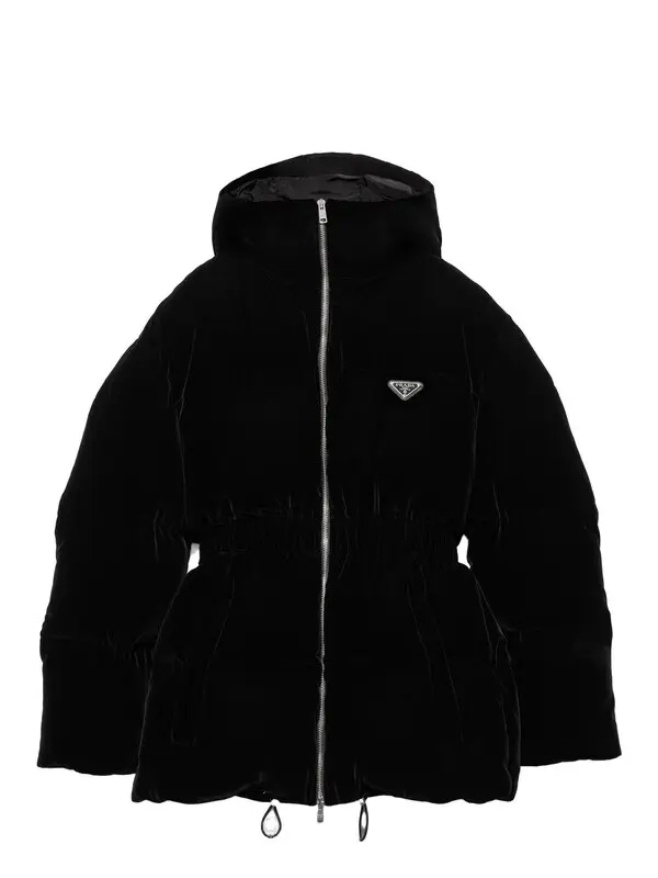 Prada Hooded Down Jacket With Enameled Metal Triangular Logo - Black
