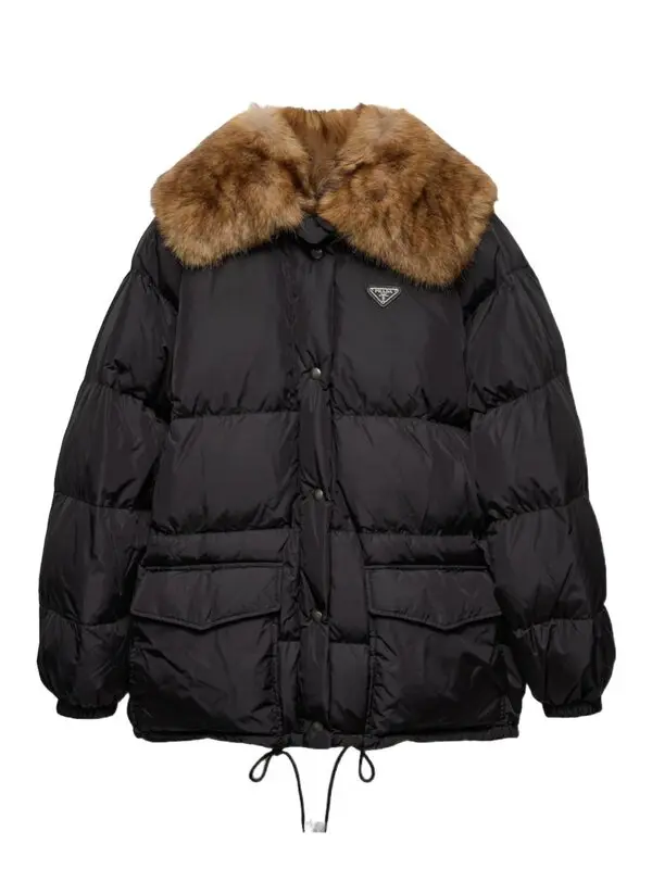 Prada Padded Jacket With Drawstring And Removable Fur Collar - Black