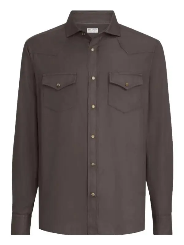 Brunello Cucinelli Garment-dyed Easy-fit Western Shirt In Cotton Chevron - Brown