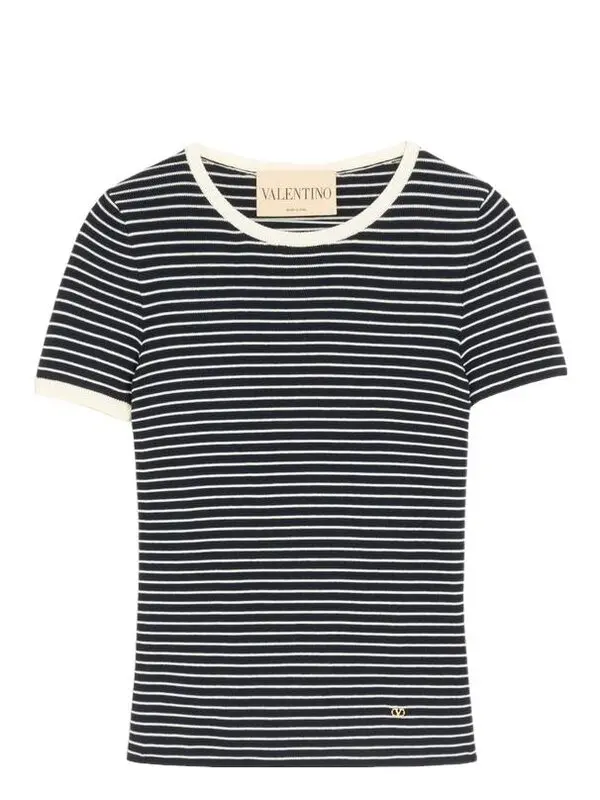 Valentino Garavani Striped Short Sleeve Knit Crewneck - Black