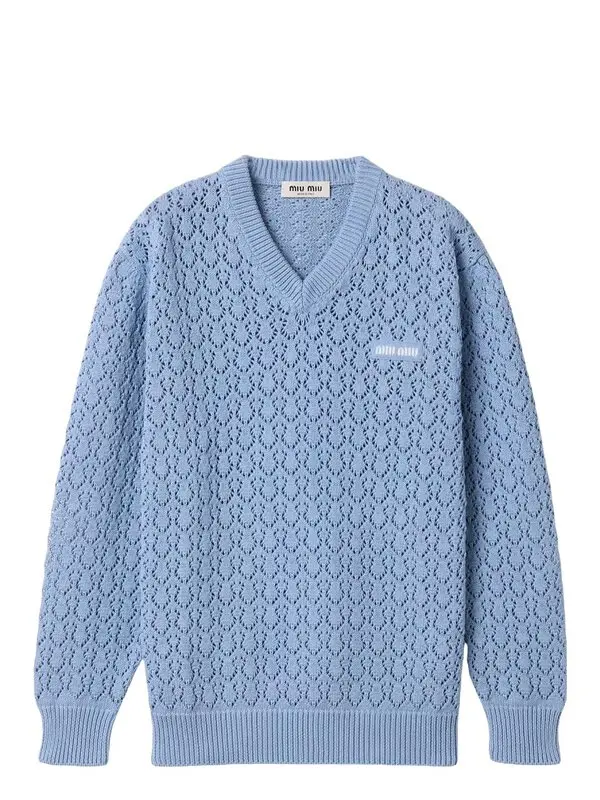 Miu Miu Cotton Lace V-neck Sweater - Sky-blue