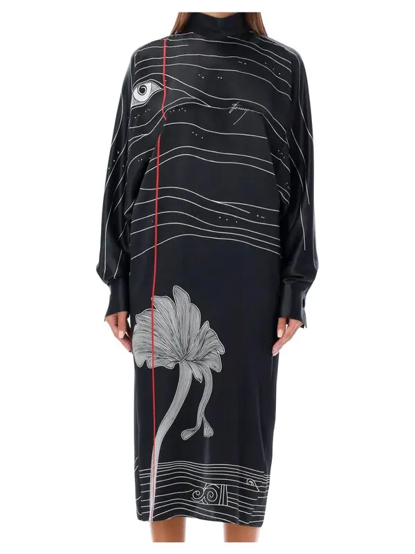 FERRAGAMO High-neck Printed Midi Dress - Black
