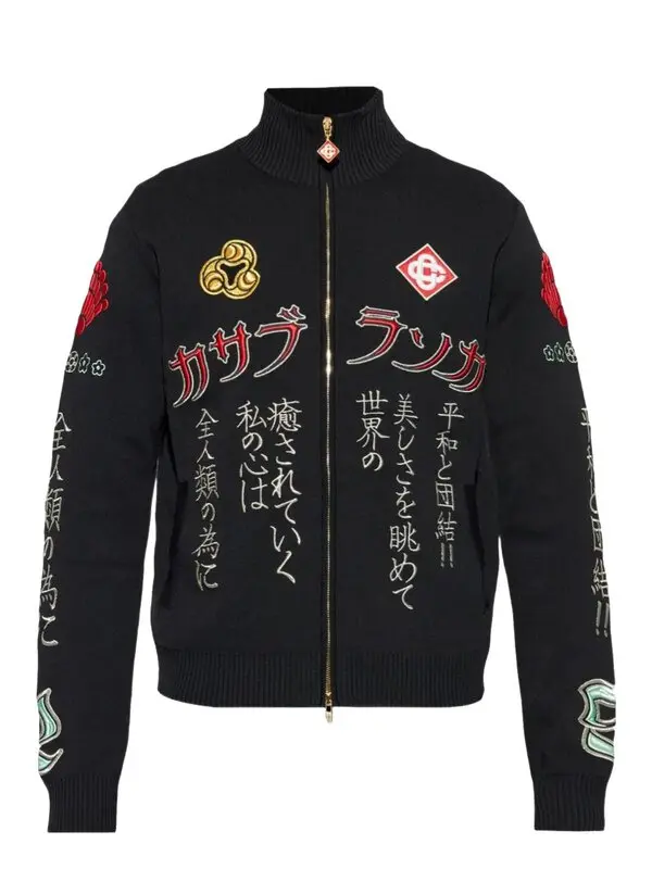Casablanca Zip-up Knitted Cardigan With Embroidered Details - Black