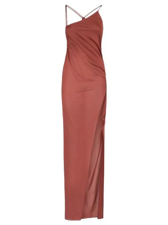 Blumarine Viscose Crepe Maxi Dress With Asymmetrical Neckline And Drawstring Detail - Brown
