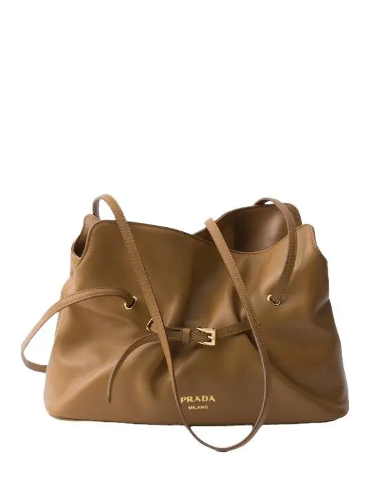 Prada Small Nappa Leather Bag With Drawstring And Buckle Detail - Caramel