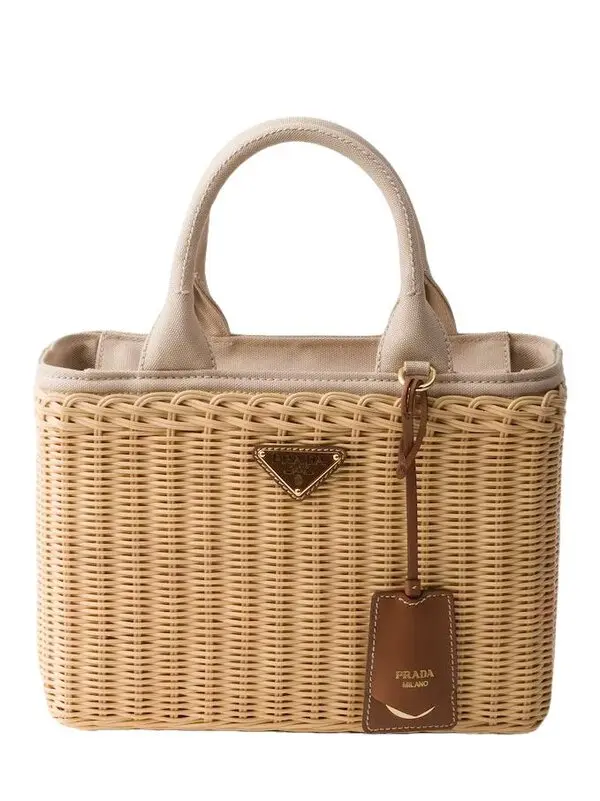 Prada Medium Wicker And Canvas Tote Bag - Tan