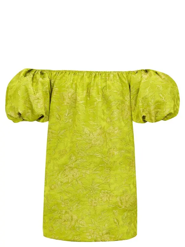 Saint Laurent Puff-sleeve Mini Dress In Metallic Floral Brocade - Yellow