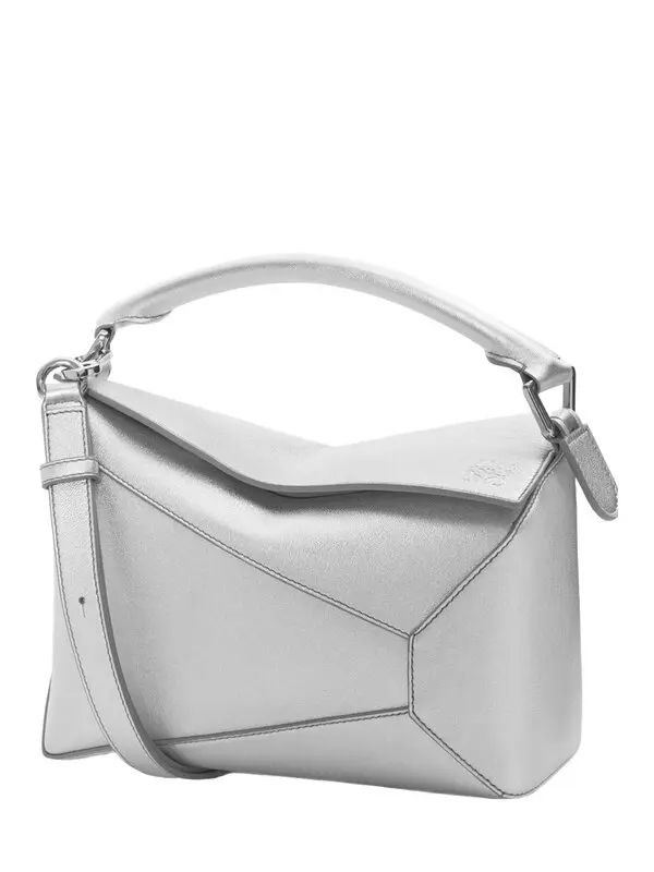 Loewe Small Puzzle Bag In Laminated Lambskin - Silver