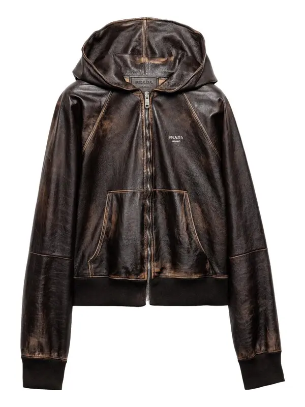 Prada Hooded Zip-up Leather Jacket - Brown