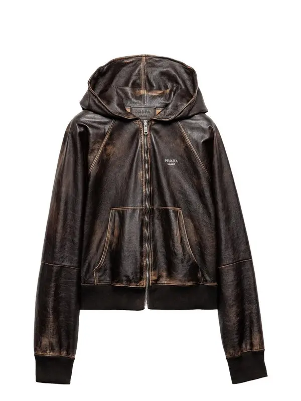 Prada Hooded Zip-up Leather Jacket - Brown