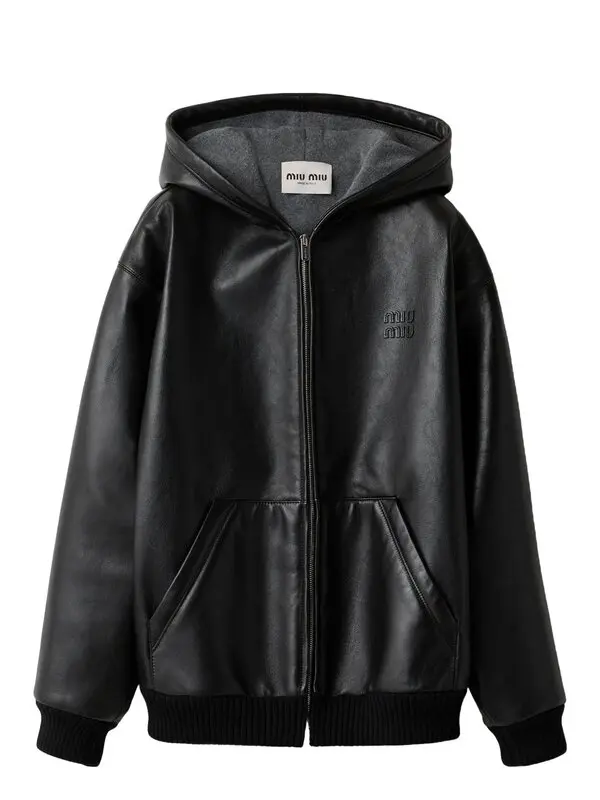 Miu Miu Nappa Leather Zip-up Hoodie Jacket With Embossed Logo - Black