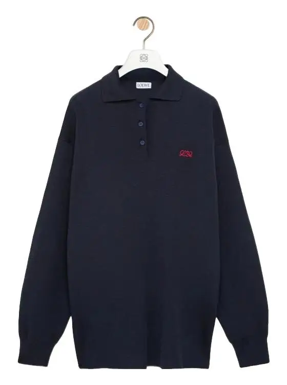 Loewe Cashmere Silk Blend Polo Sweater - Deep Navy Blue