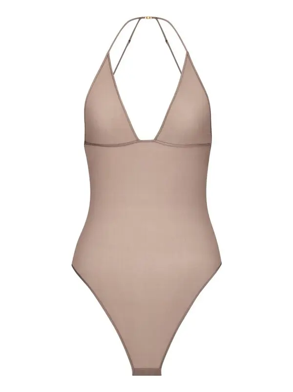 Saint Laurent Backless Bodysuit In Stretch Silk Muslin - Taupe