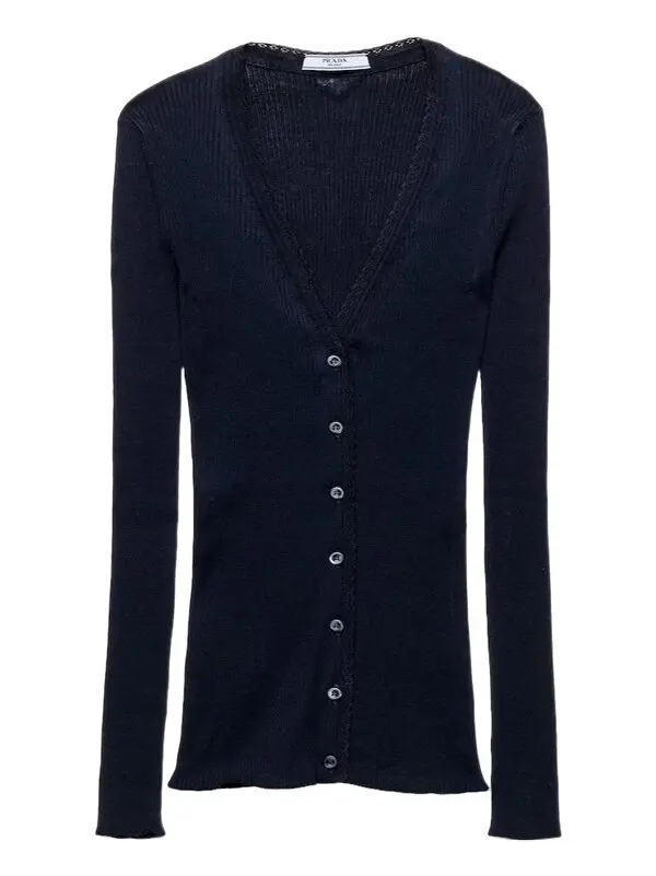 Prada V-neck Cotton Cardigan With Tassel Trim - Blue