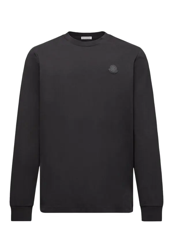 Moncler Leather Logo Long Sleeve Cotton T-shirt - Black