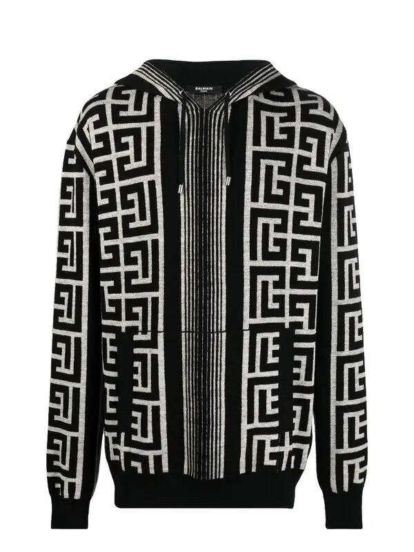 Balmain Maxi Monogram Drawstring Hoodie - Black