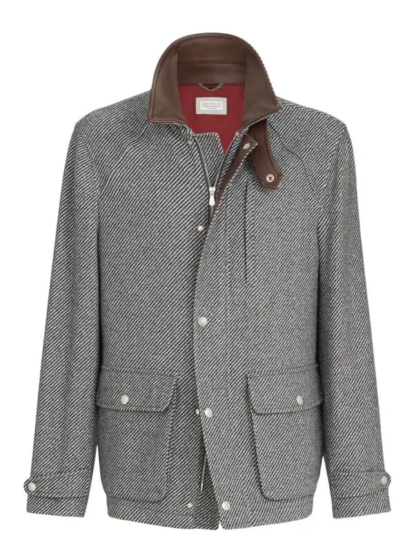 Brunello Cucinelli Cashmere And Silk Field Jacket With Nappa Leather Inserts - Medium Grey