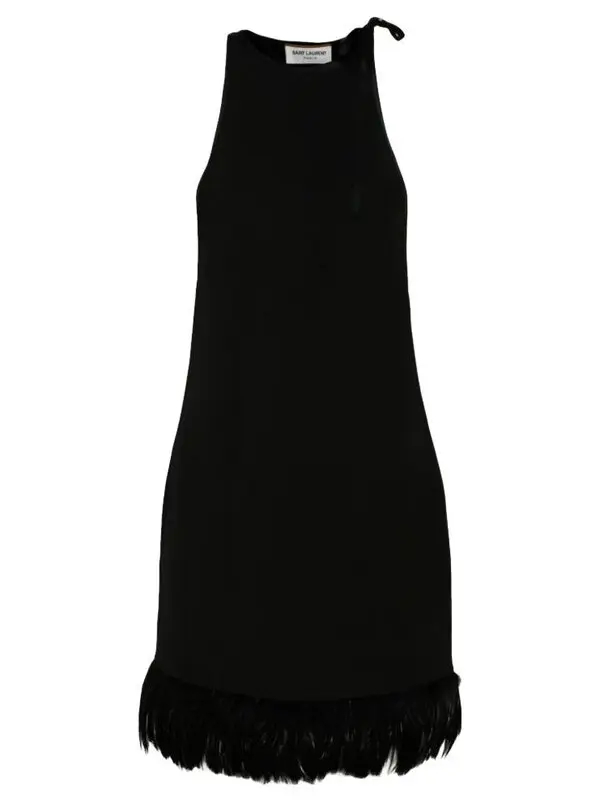Saint Laurent Sleeveless Crewneck Mini Dress With Feather Trim - Black