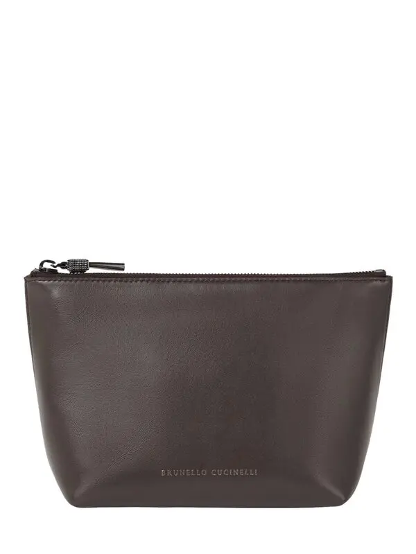 Brunello Cucinelli Logo Printed Zipped Clutch Bag - Brown
