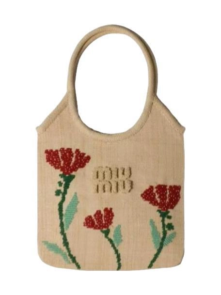 Miu Miu Raffia Handbag With Floral Embellishment - Nude