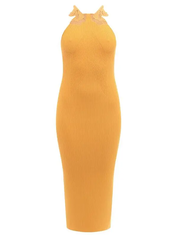 SELF-PORTRAIT Lace Detailed Halter Neck Midi Dress - Orange